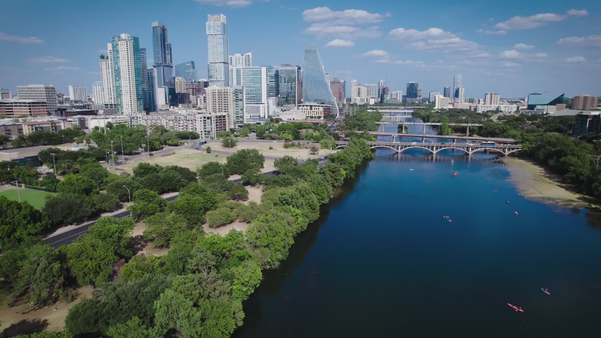 Aerial View of Austin Skyline and Colorado River Free Stock Video ...