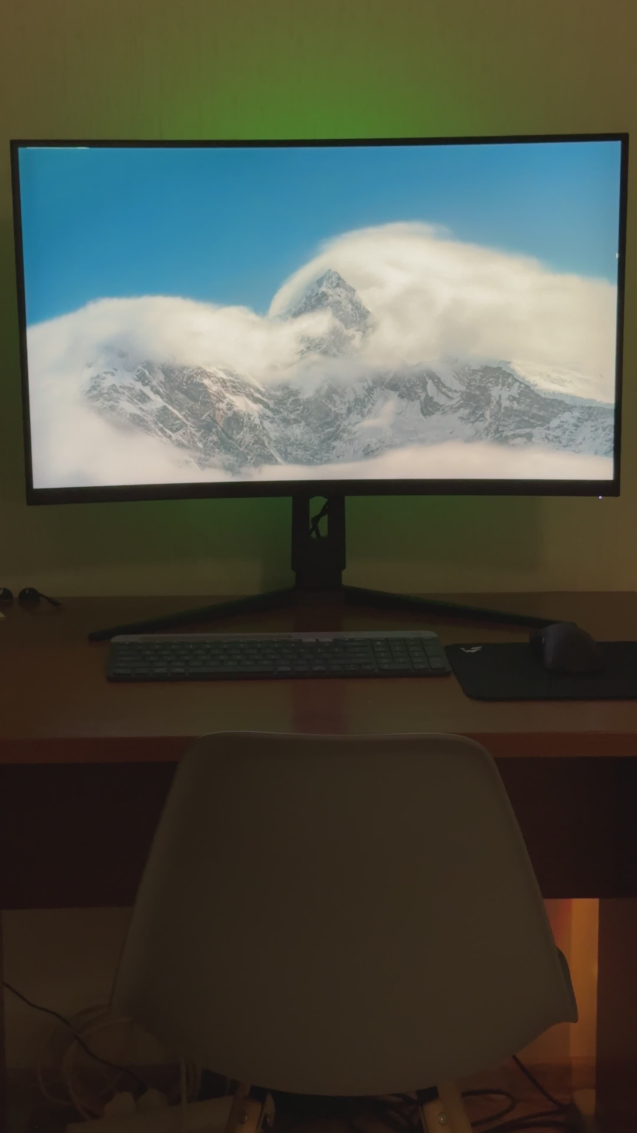 Curved Monitor Displaying Mountain Landscape Free Stock Video Footage ...