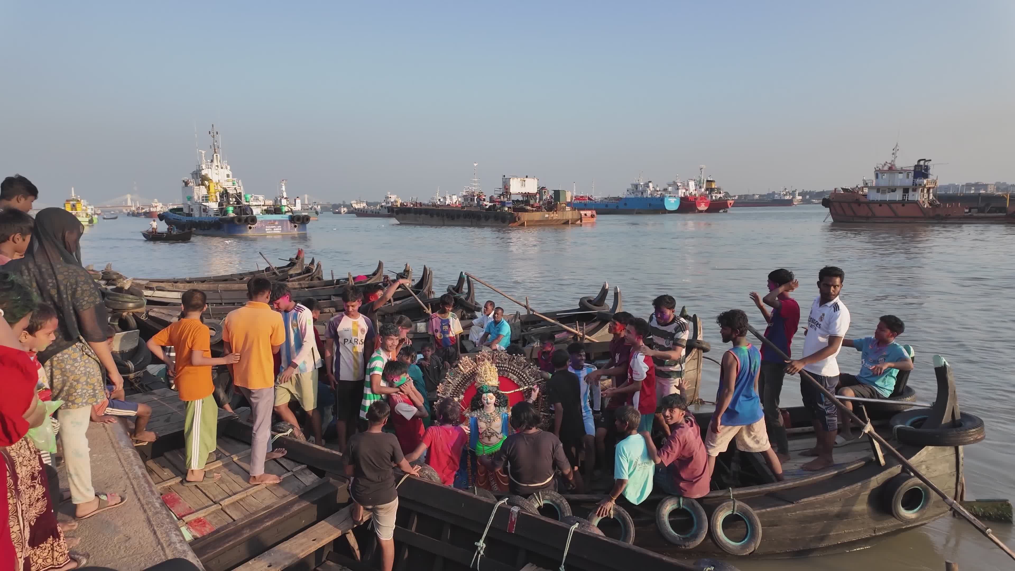 Crowded Boats on River with Distant Cargo Ships Free Stock Video ...