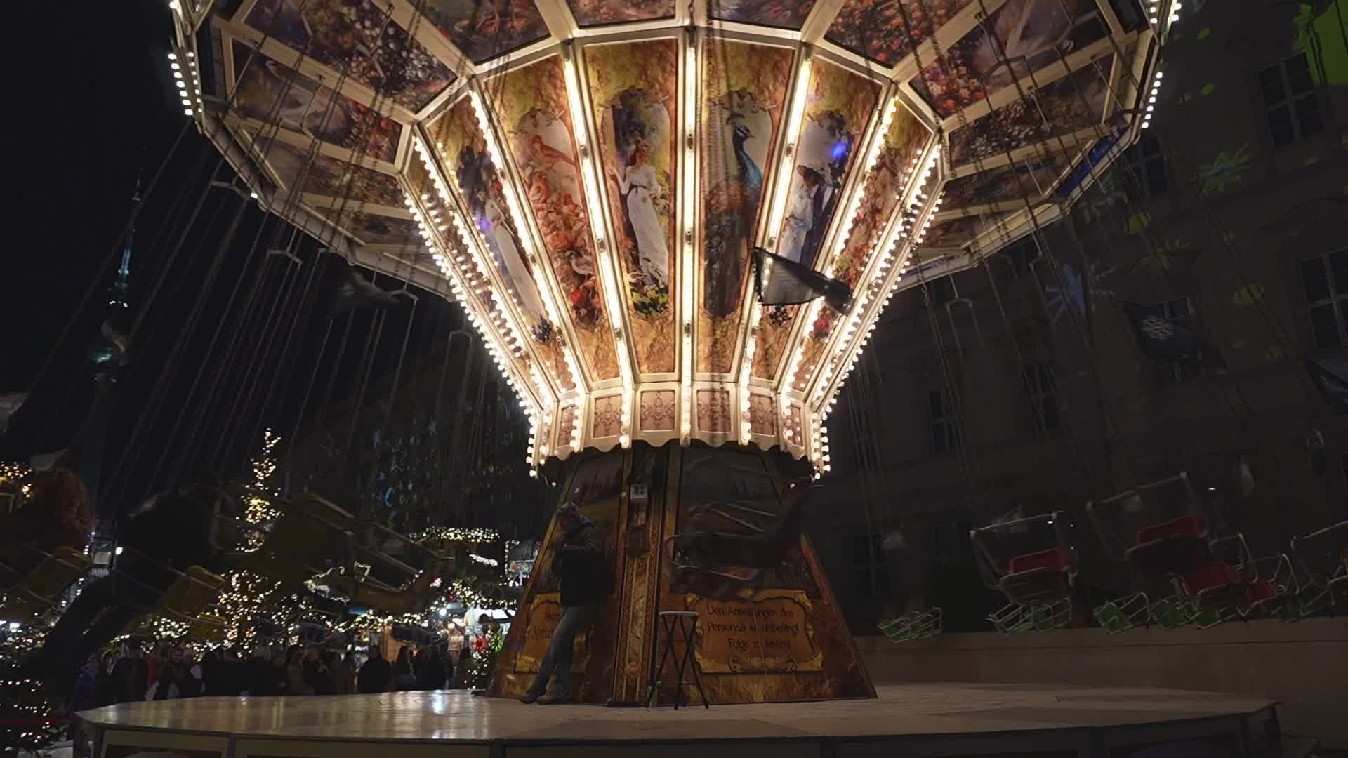 Illuminated Christmas Market Carousel at Night Free Stock Video Footage ...