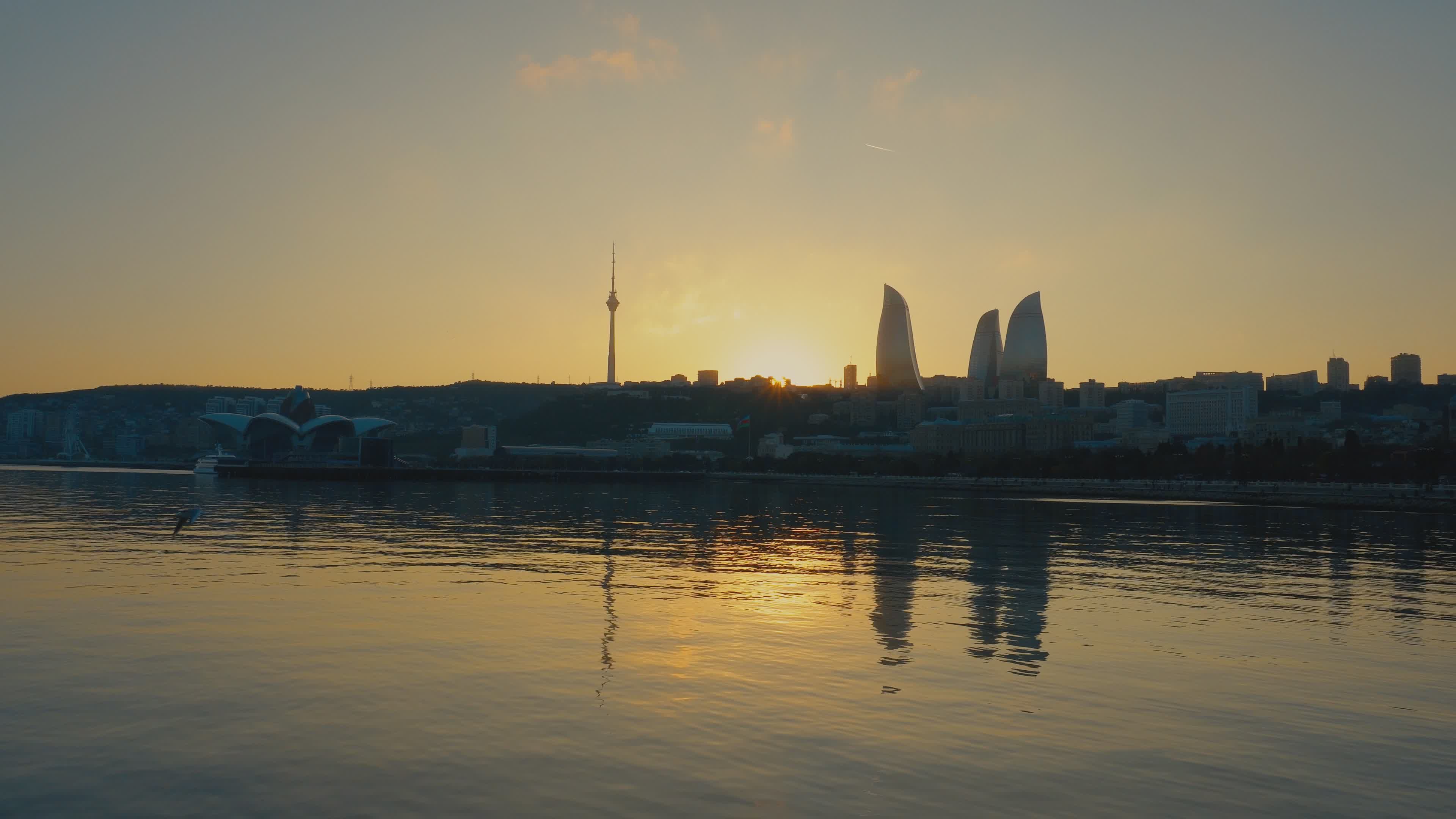 Sunset View of Baku Skyline and Flame Towers Free Stock Video Footage ...