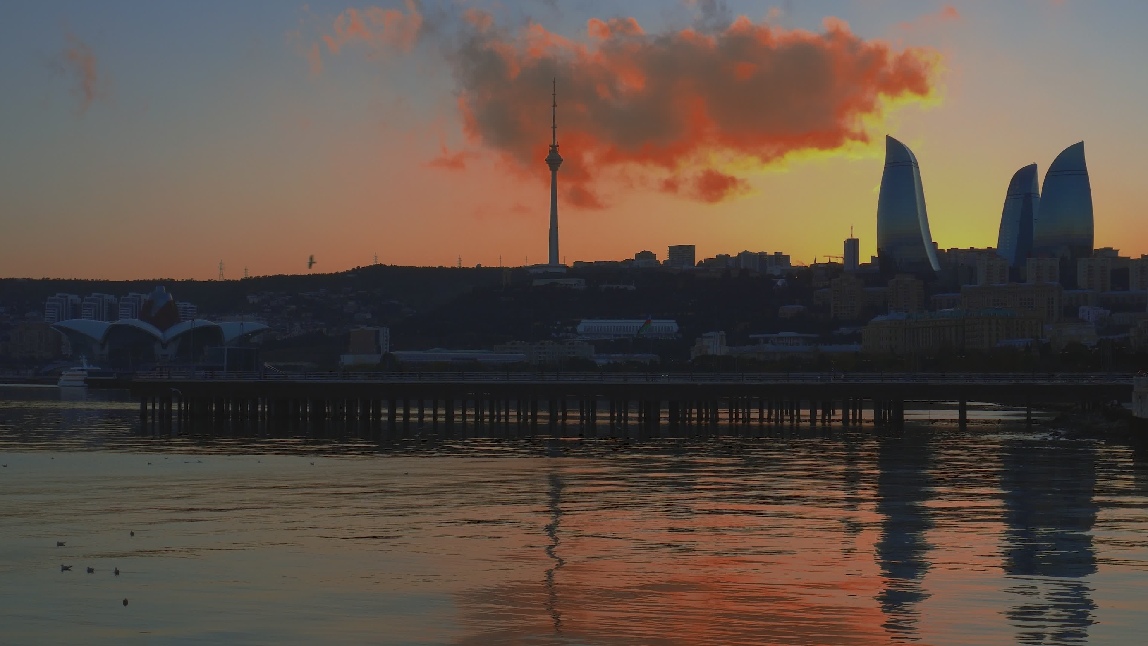Baku Skyline at Sunset with Flame Towers Free Stock Video Footage ...