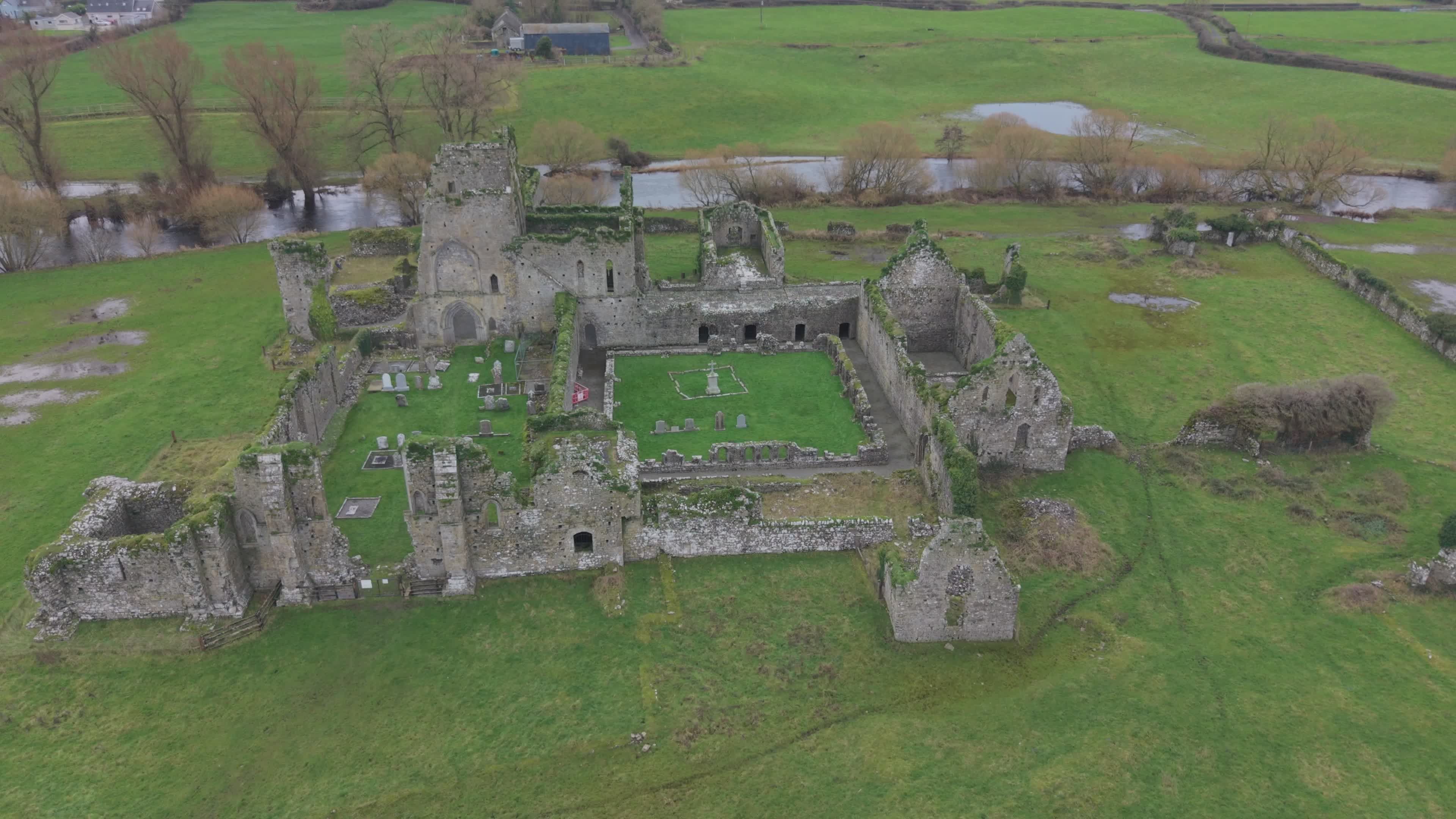 Aerial View of Ancient Irish Ruins in Lush Landscape Free Stock Video ...