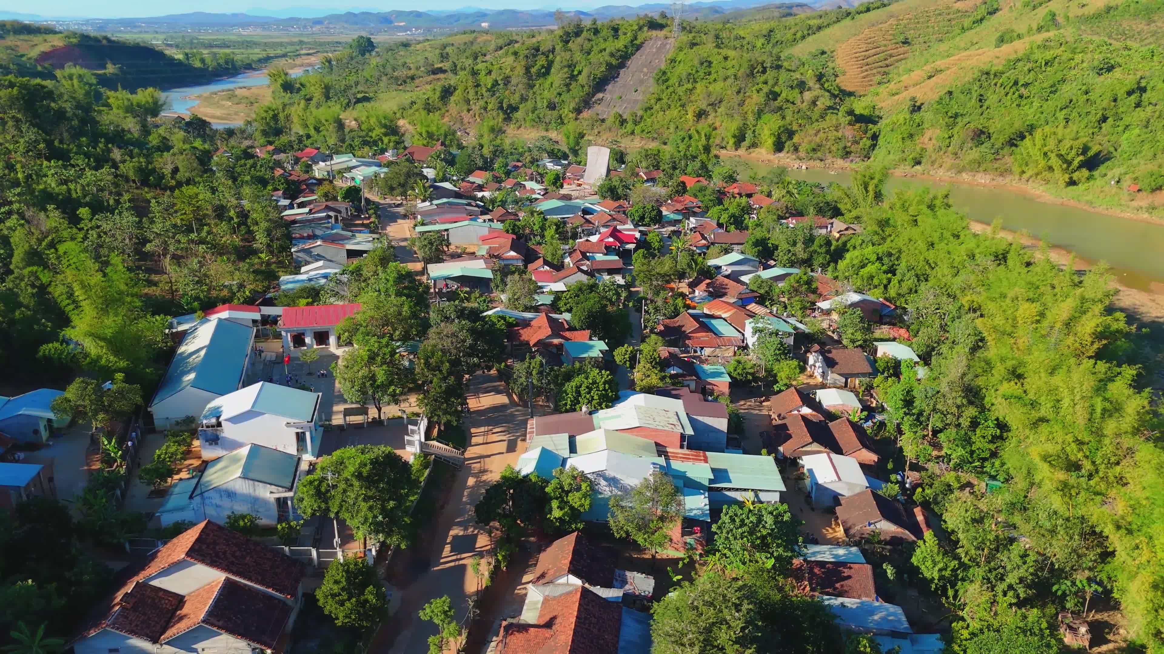 Aerial View of Kon Tum Village and Dakbla River Free Stock Video ...
