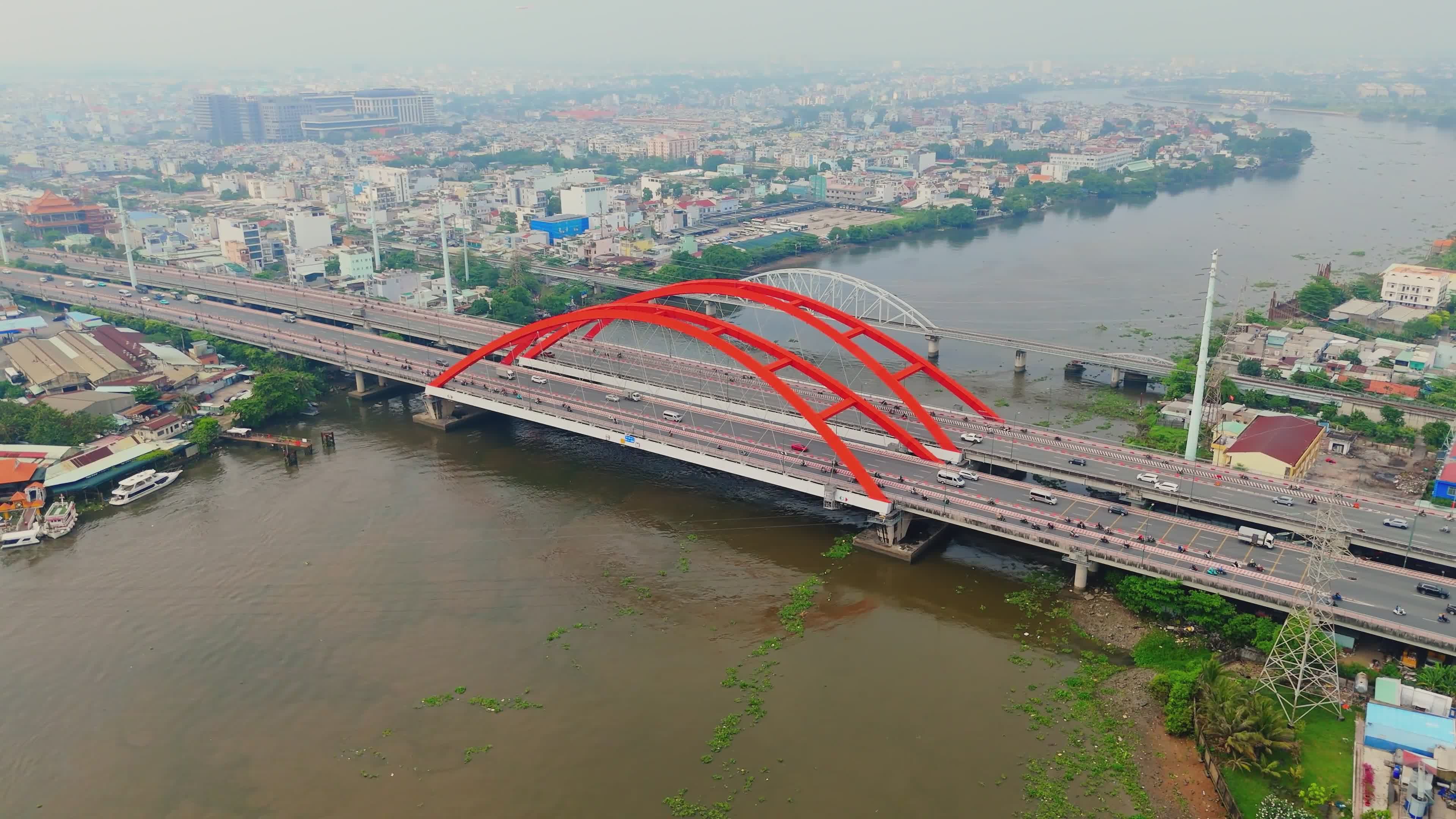 Aerial View of Saigon River and Bridge Free Stock Video Footage ...