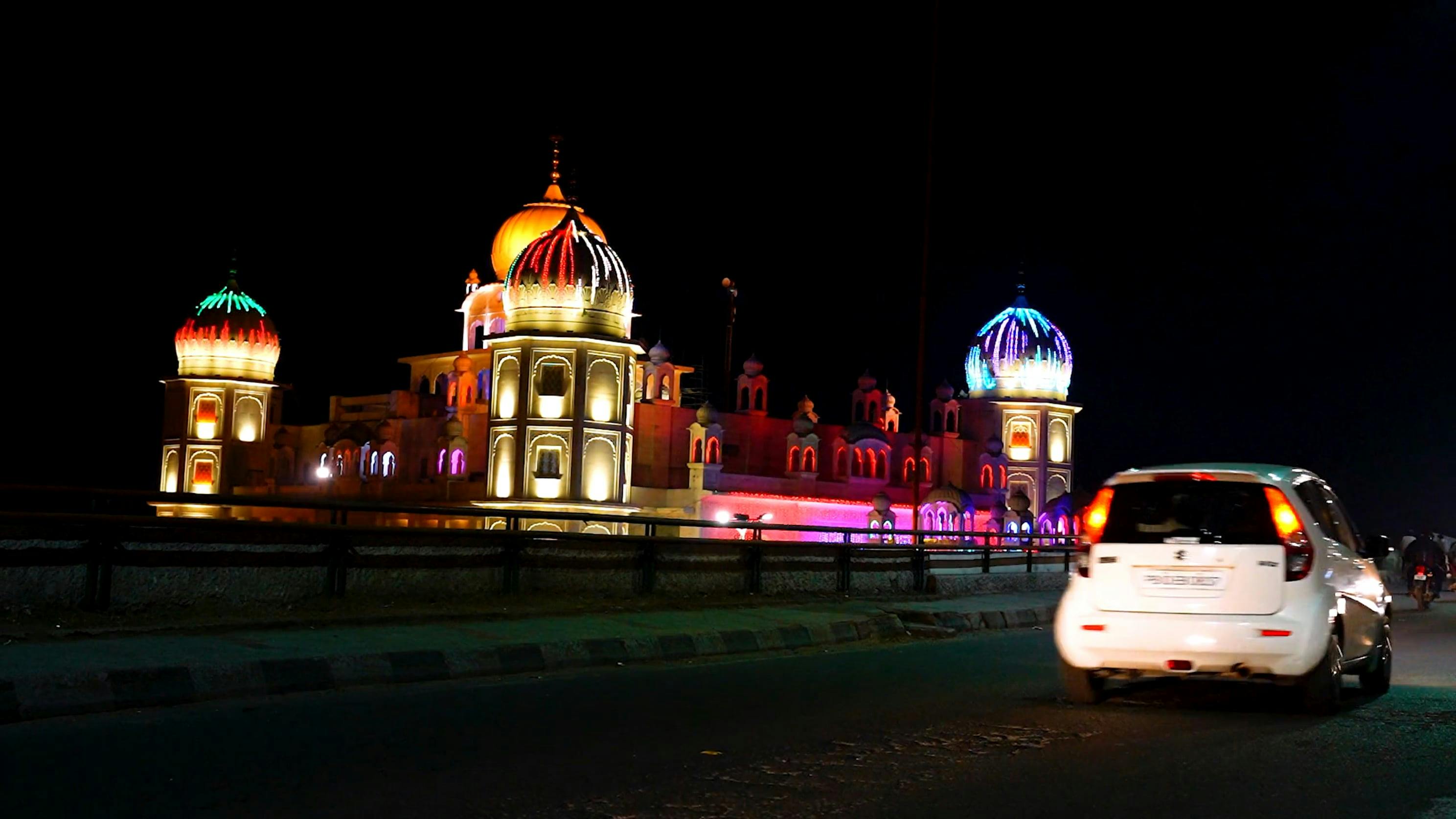 View Of A Mosque With Colorful Lights · Free Stock Video
