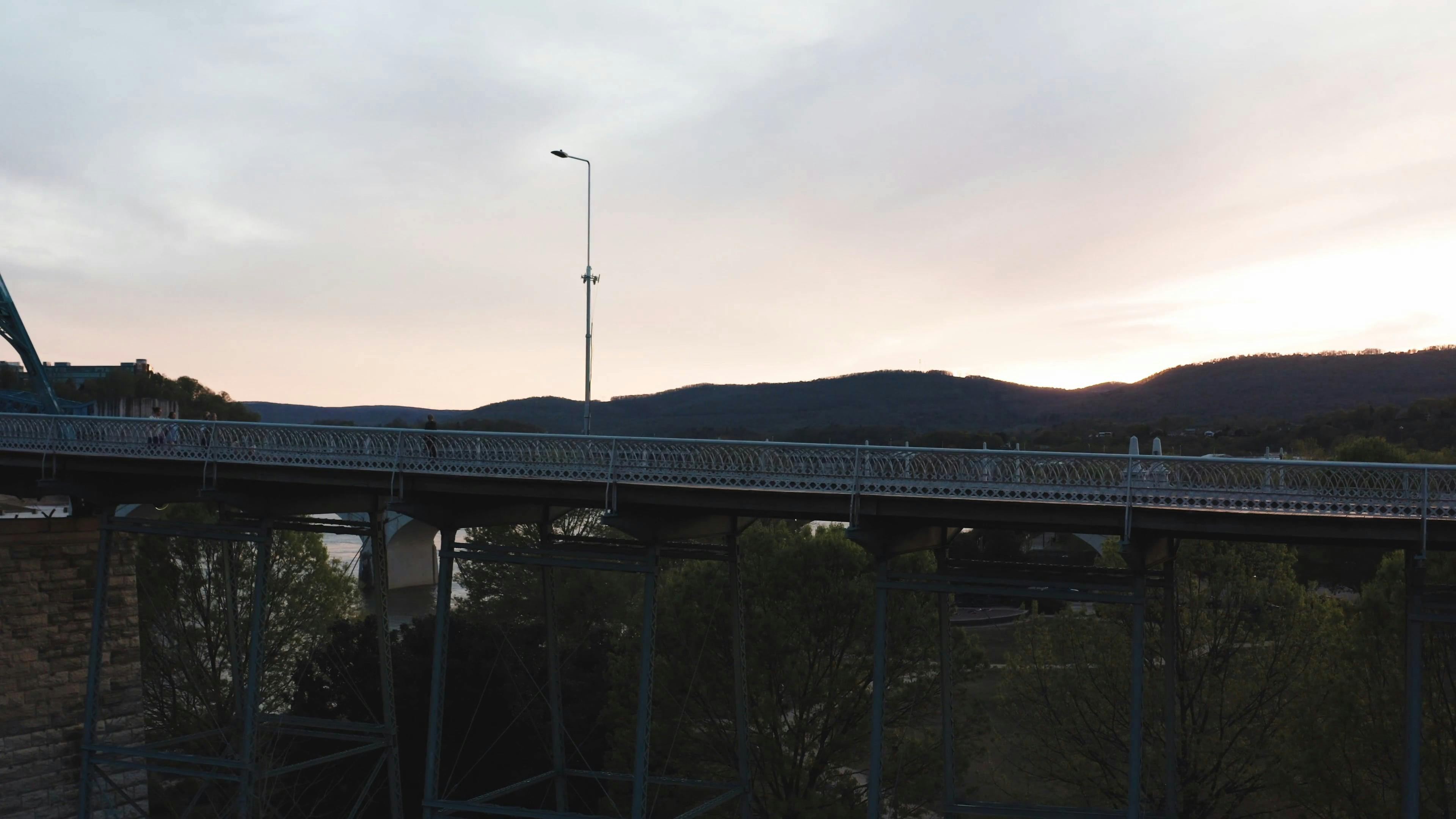 Drone Footage of People Walking on a Bridge over a Body of Water Free ...