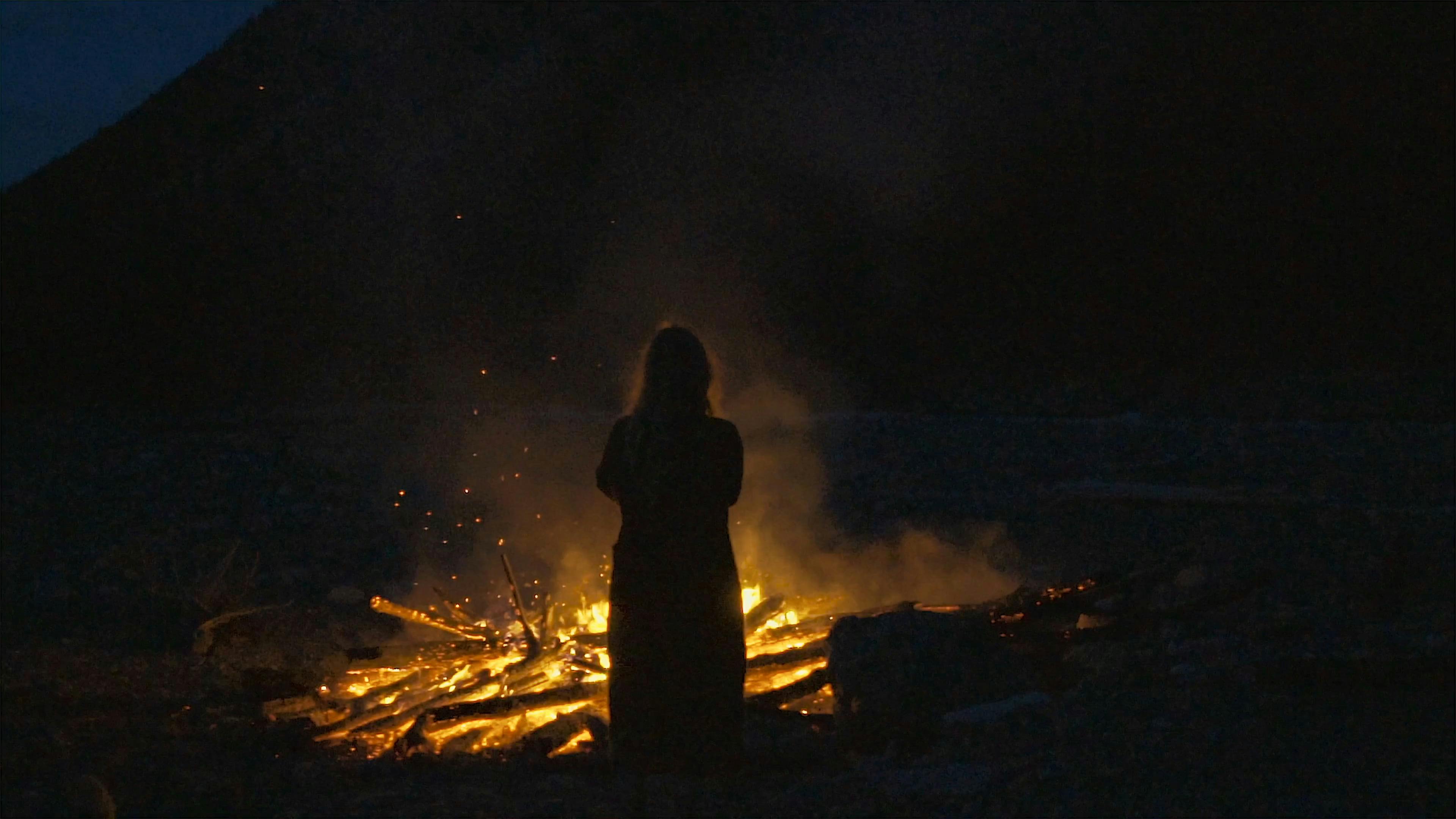Silhouette of a Woman Standing in Front of a Bonfire · Free Stock Video