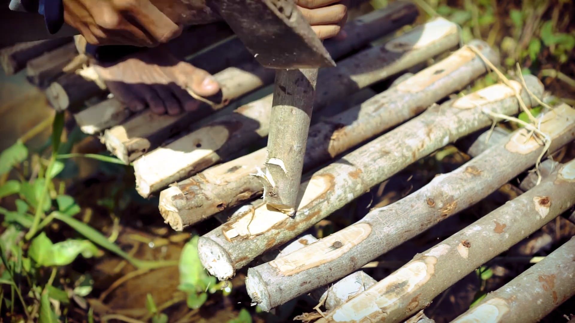 Close-Up View of a Person Cutting Wood Using an Axe Free Stock Video ...
