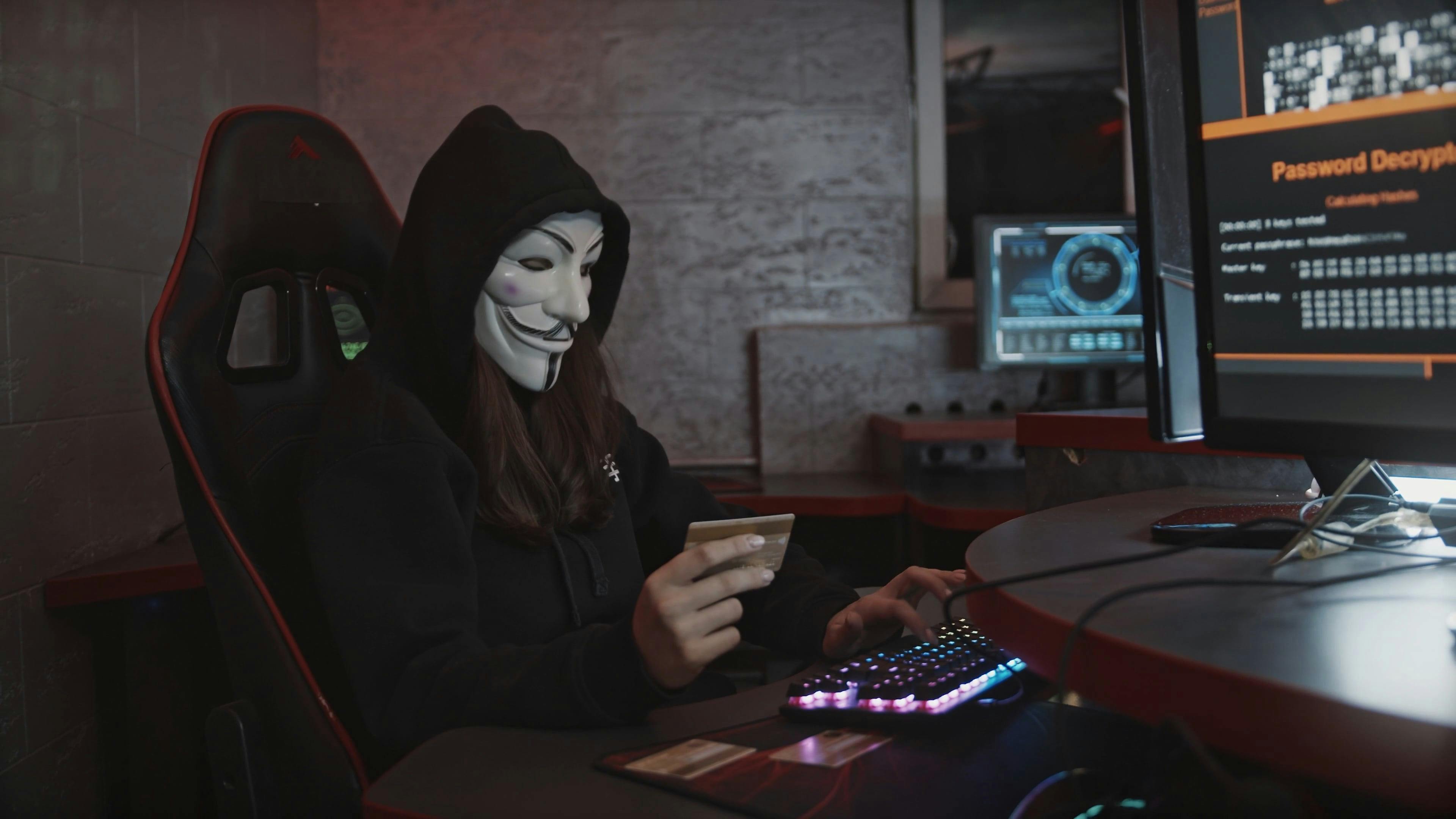 Person in Guy Fawkes Mask Using Computer · Free Stock Video