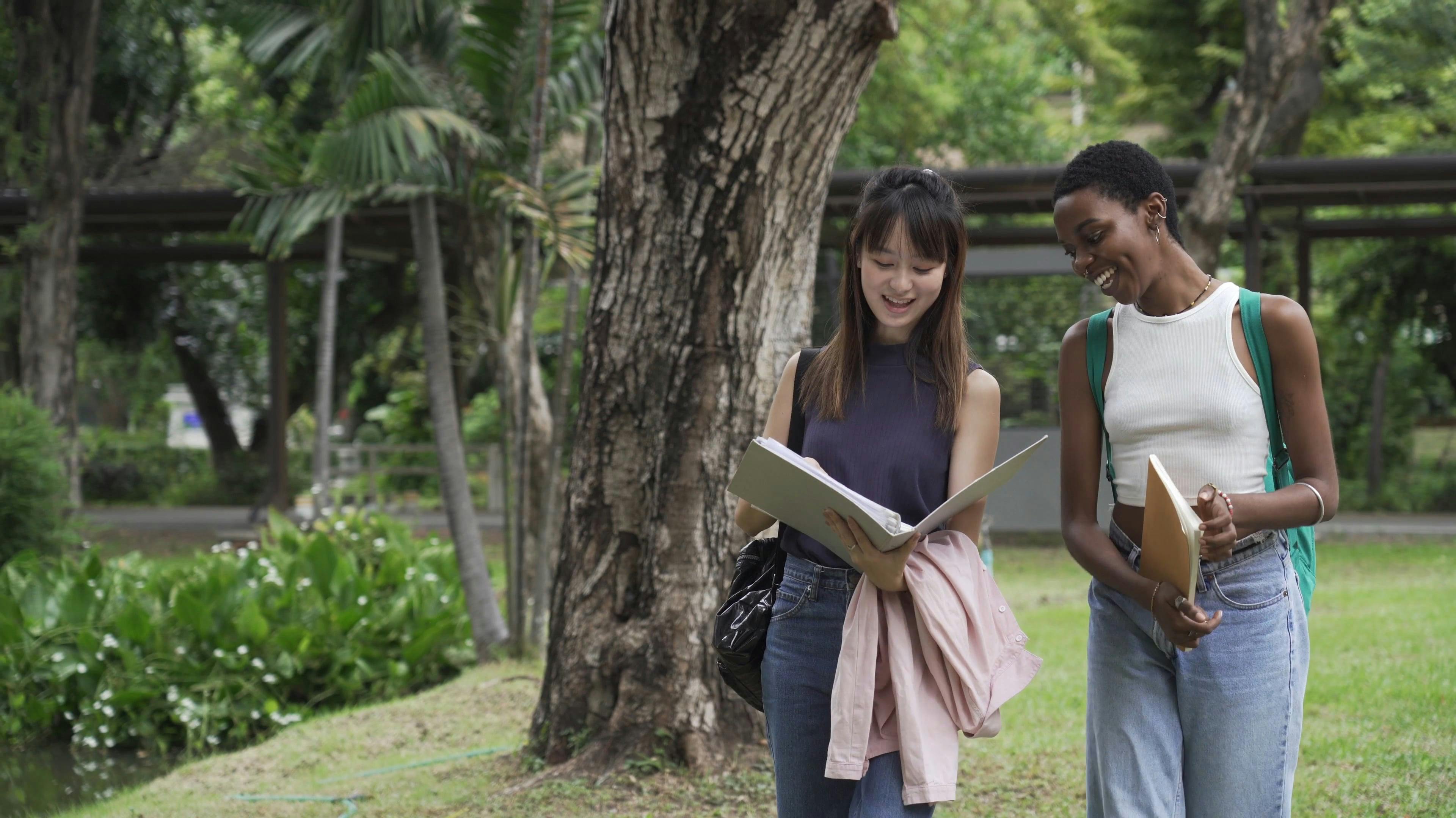 Two Women Walking Outdoors While Discussing Their Notes Free Stock ...