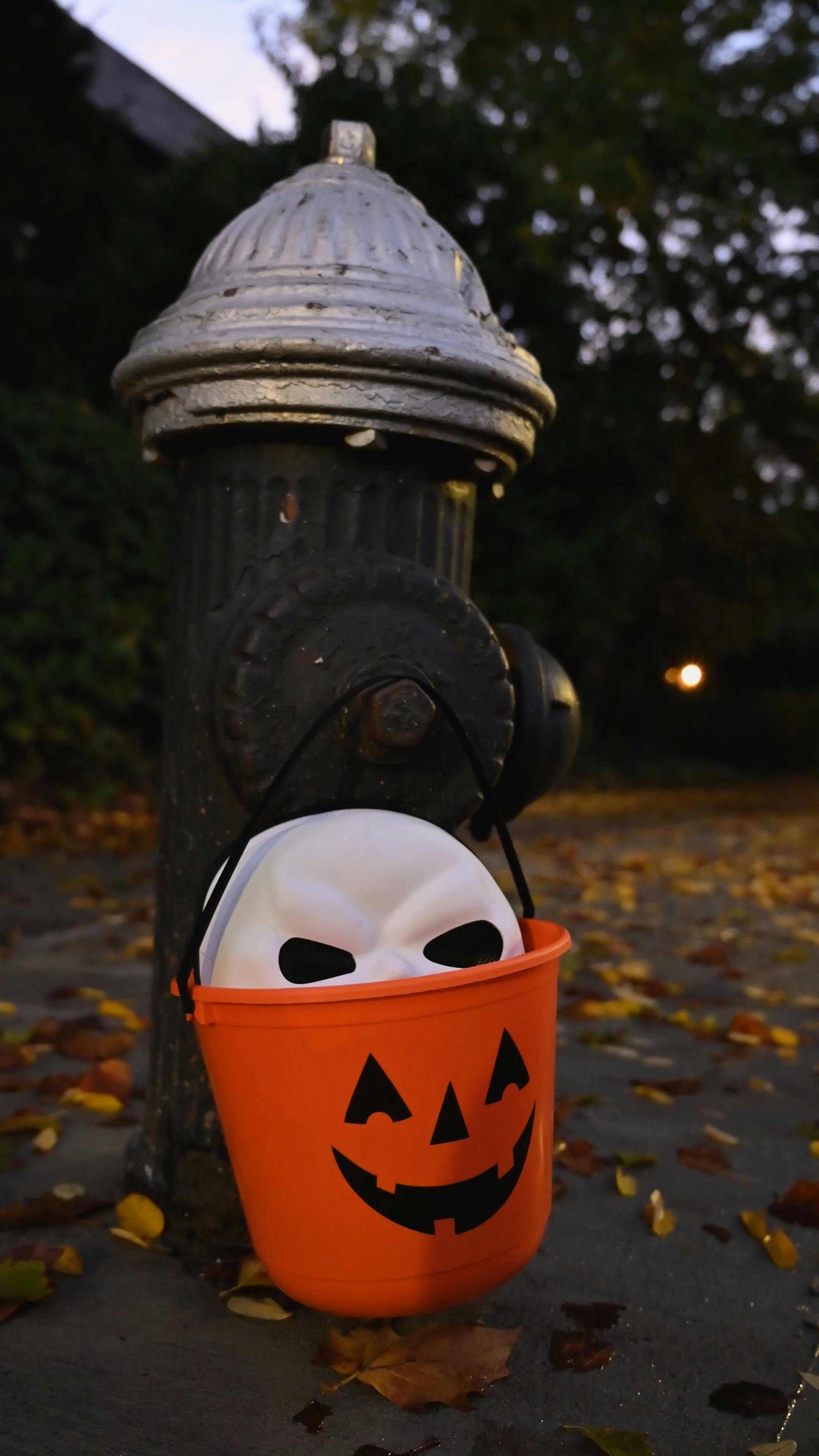 Halloween Mask in Bucket Hanging in a Fire Hydrant · Free Stock Video