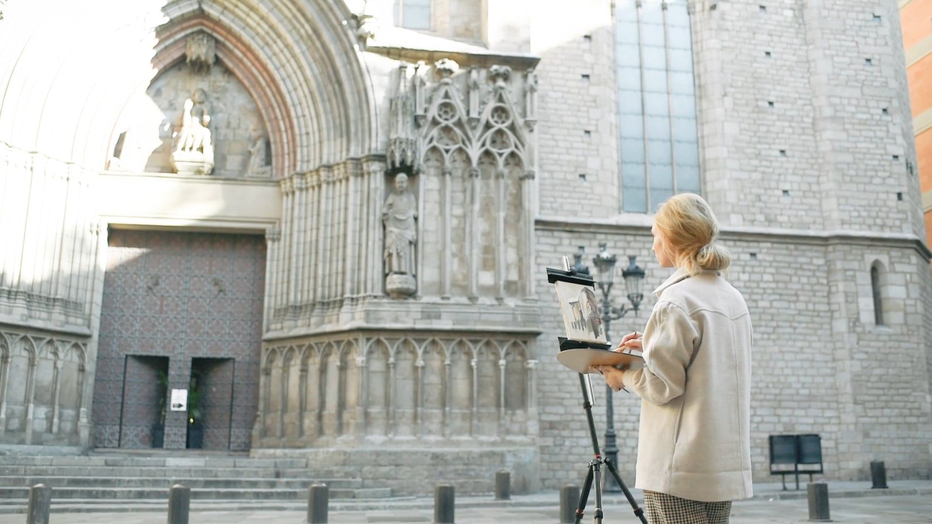 Female Artist Painting Church Facade on Canvas Free Stock Video Footage ...