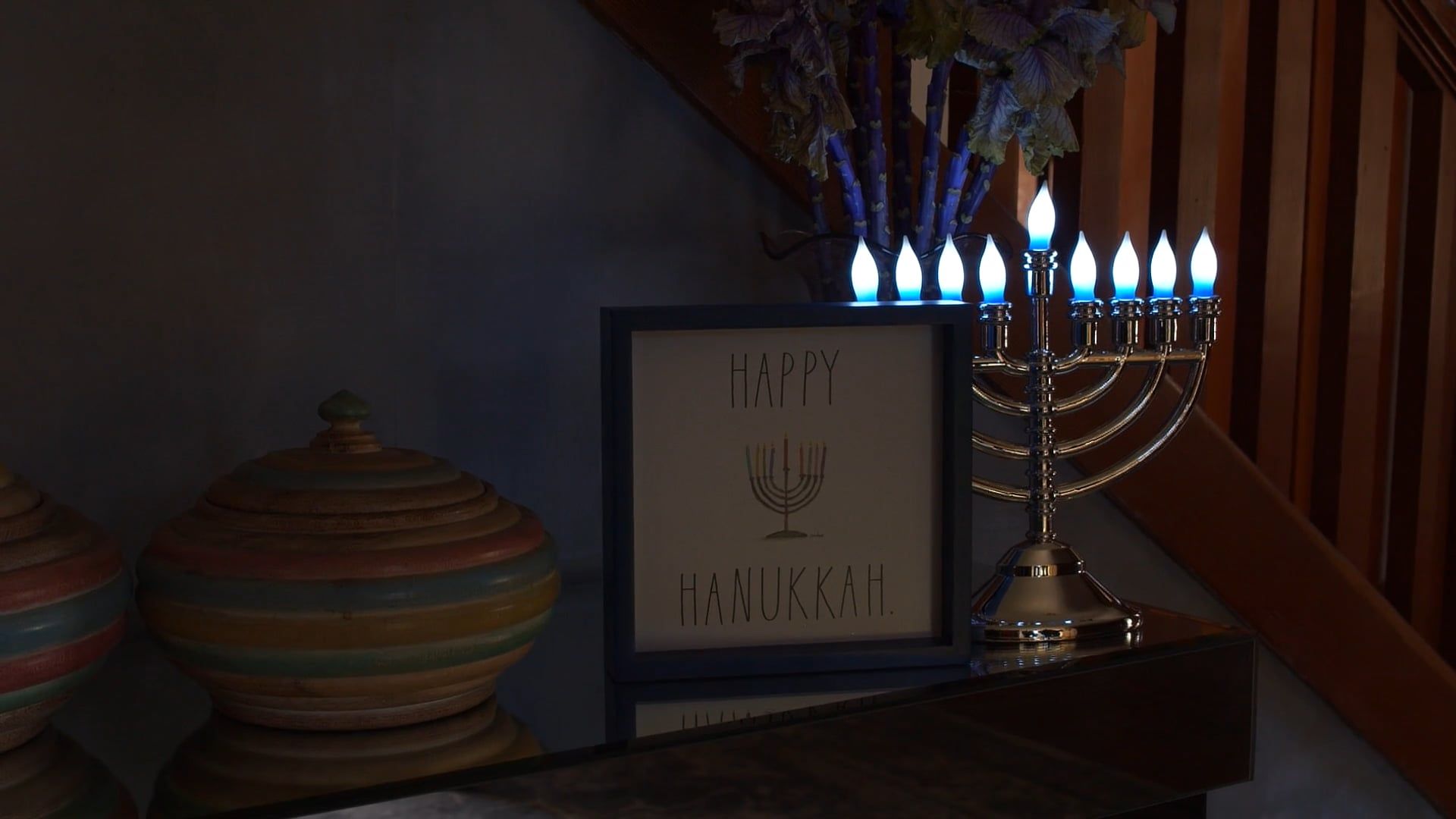 Happy Hanukkah Frame And Menorah On Table · Free Stock Video