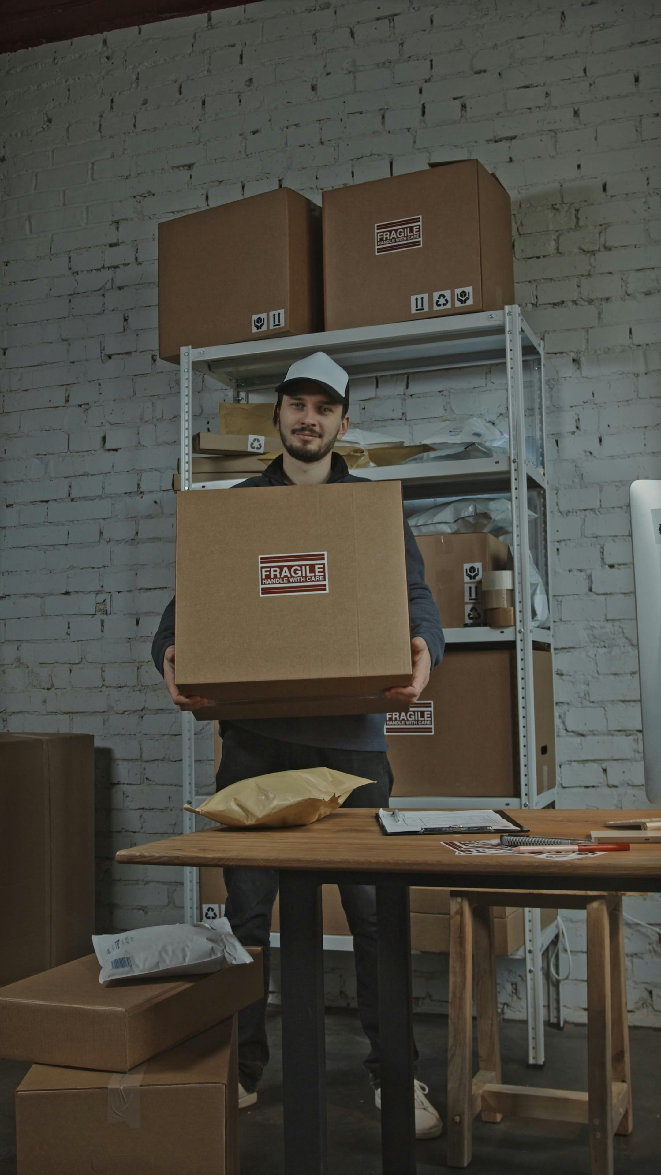 Man Posing with Cardboard Box in Storage Room · Free Stock Video