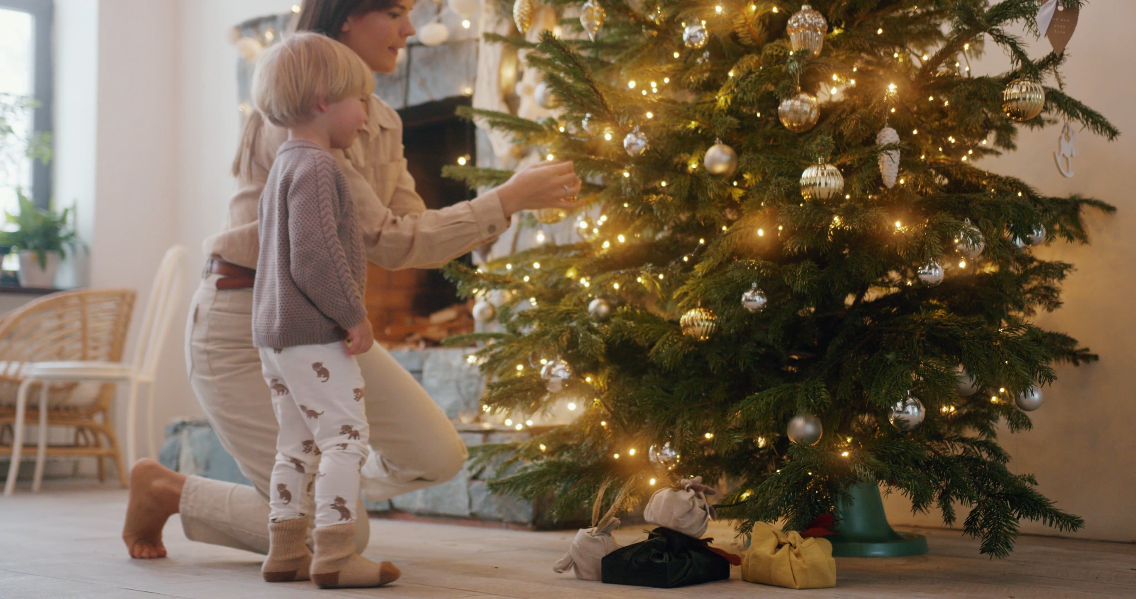 A Child Looking at a Christmas Tree with his Mom Free Stock Video ...