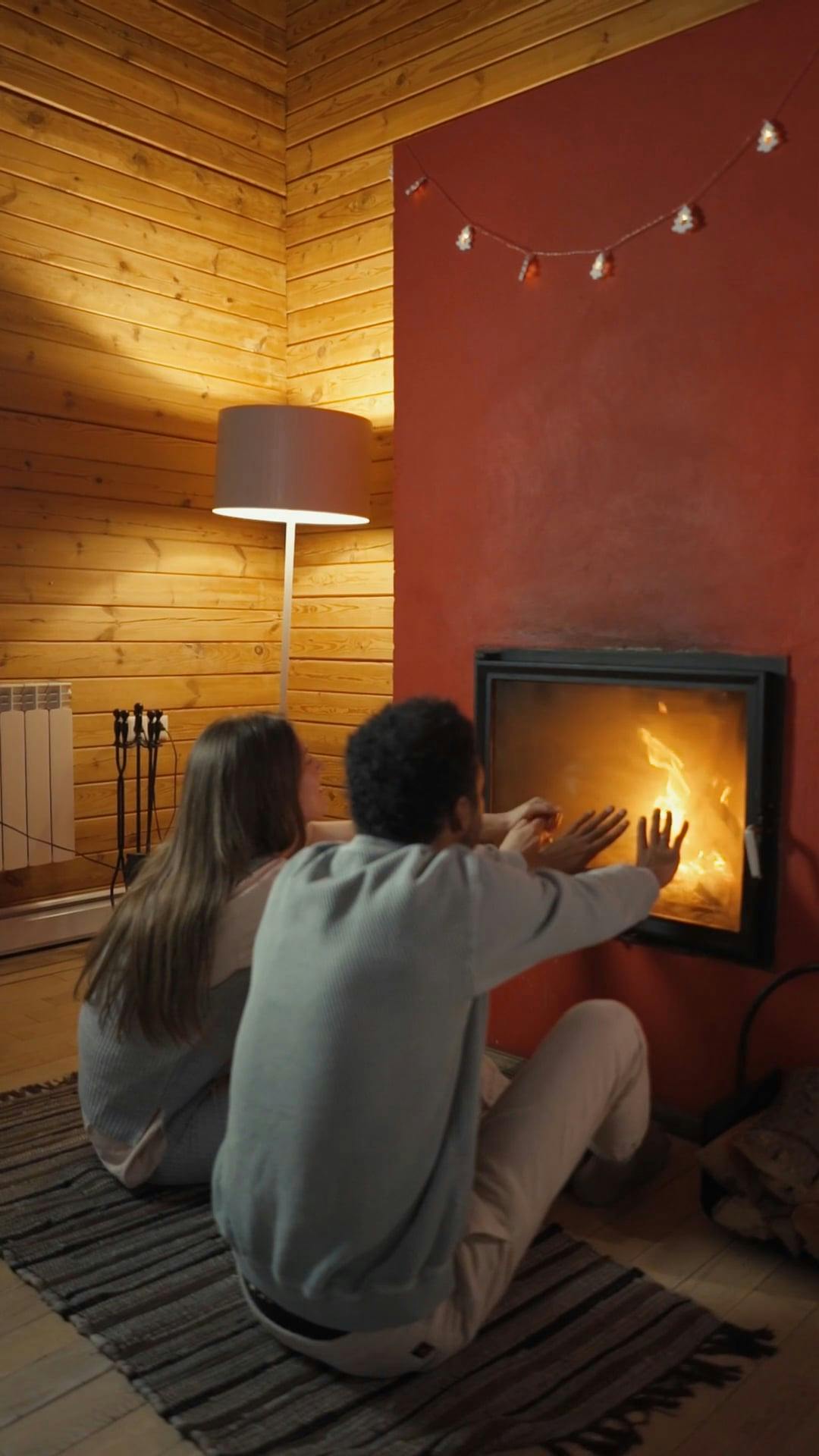 Two people sitting in front of a fireplace Free Stock Video Footage ...