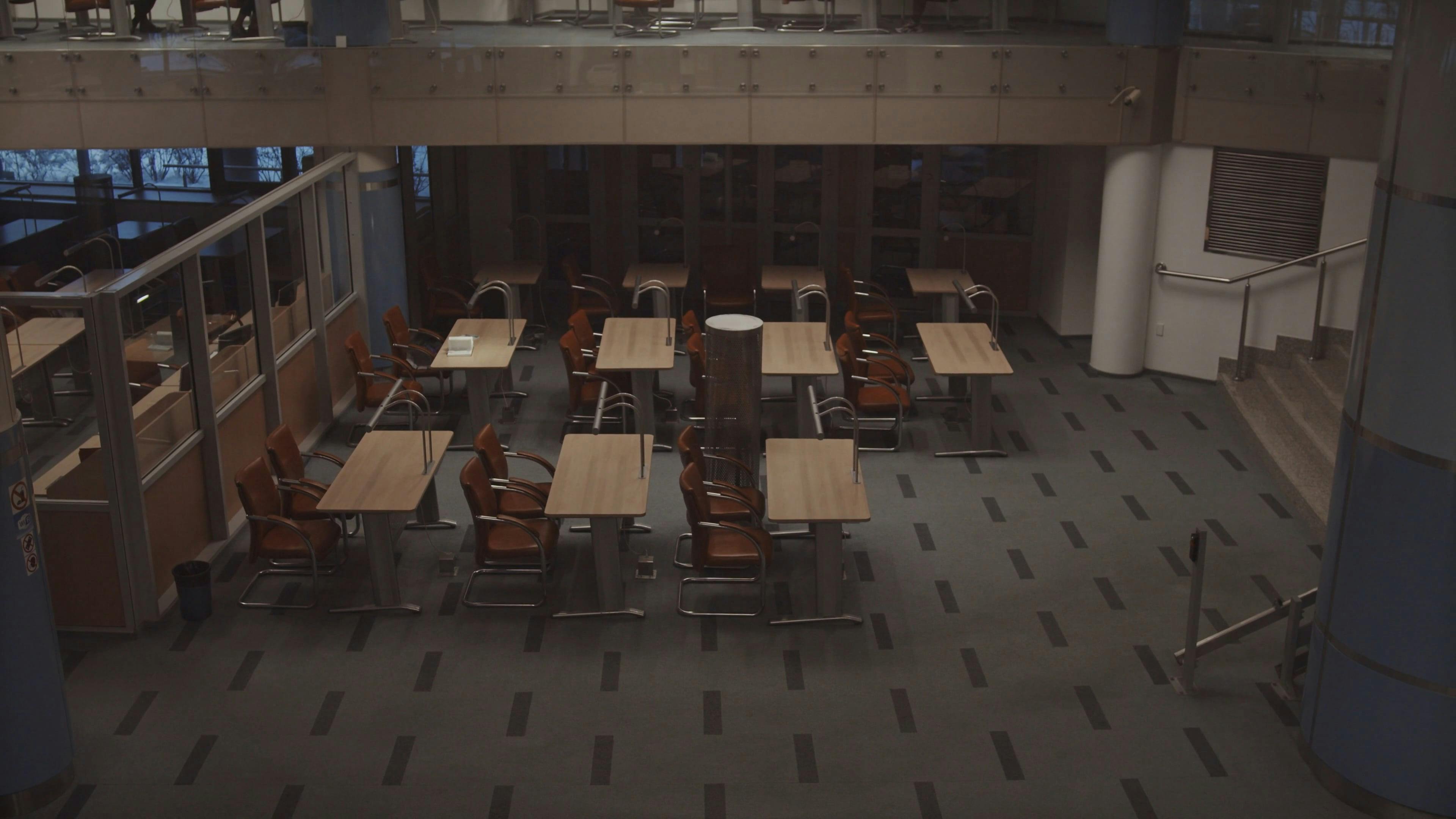 High Angle Shot of Desks and Chairs in a Library · Free Stock Video