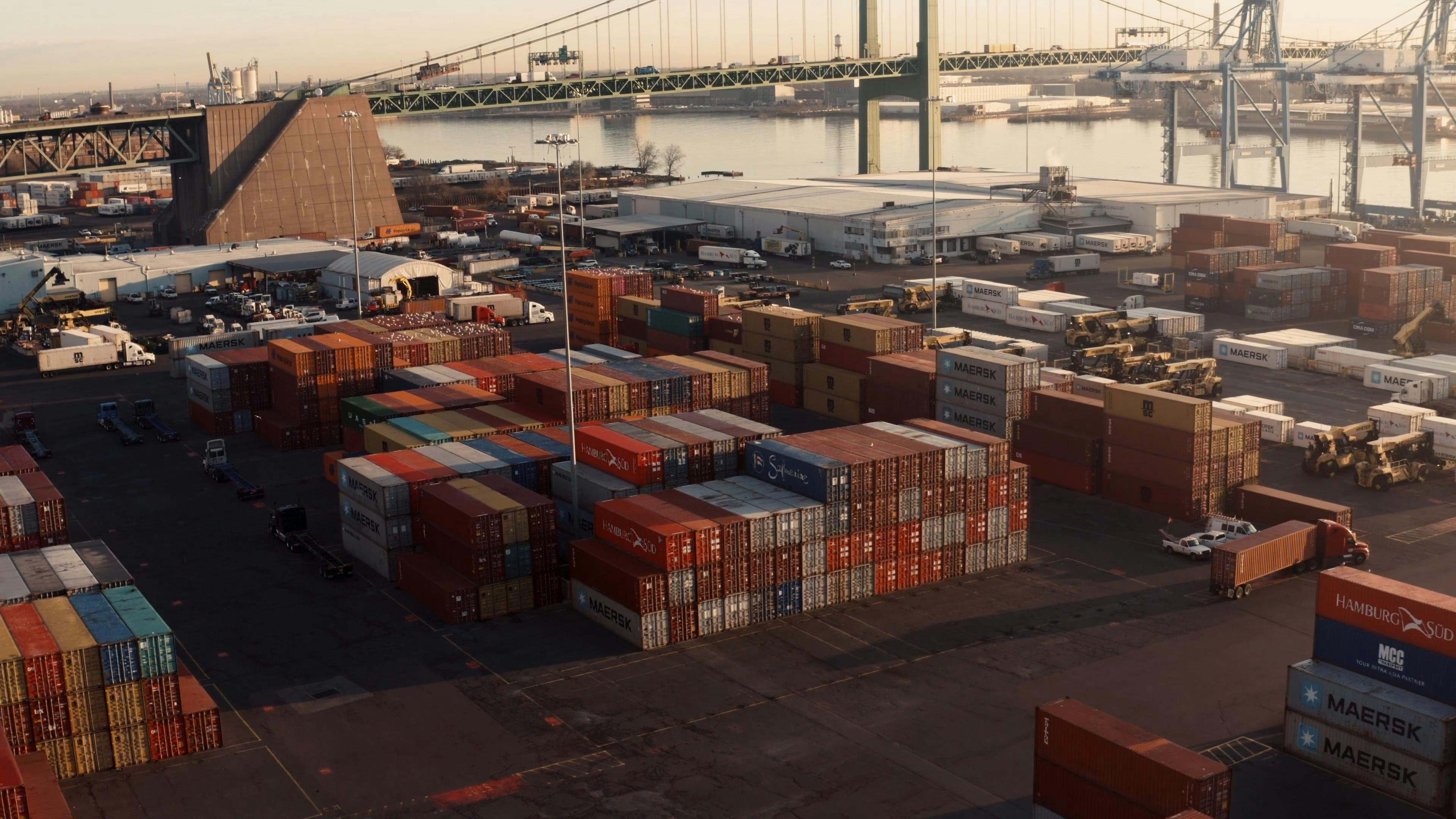 Aerial View of Container Vans and Trucks in the Port Free Stock Video ...