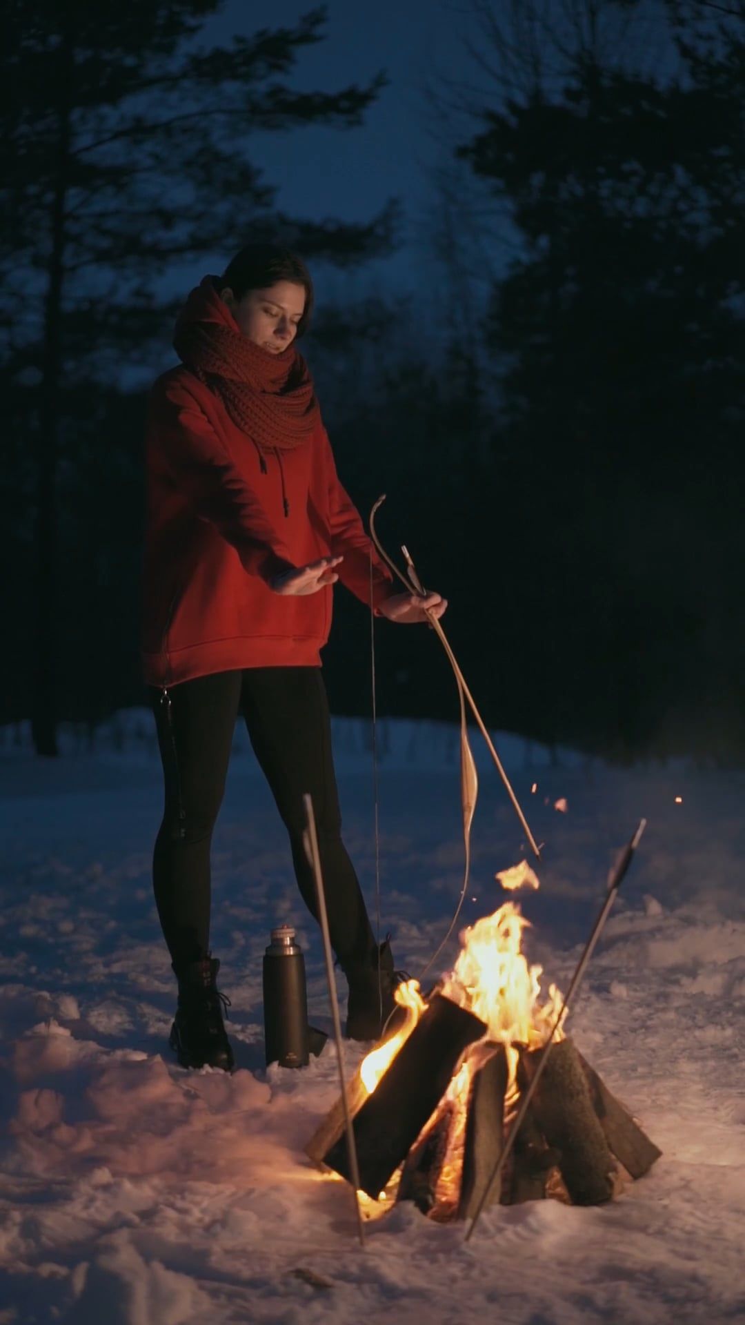 Woman with a Bonfire in the Woods · Free Stock Video
