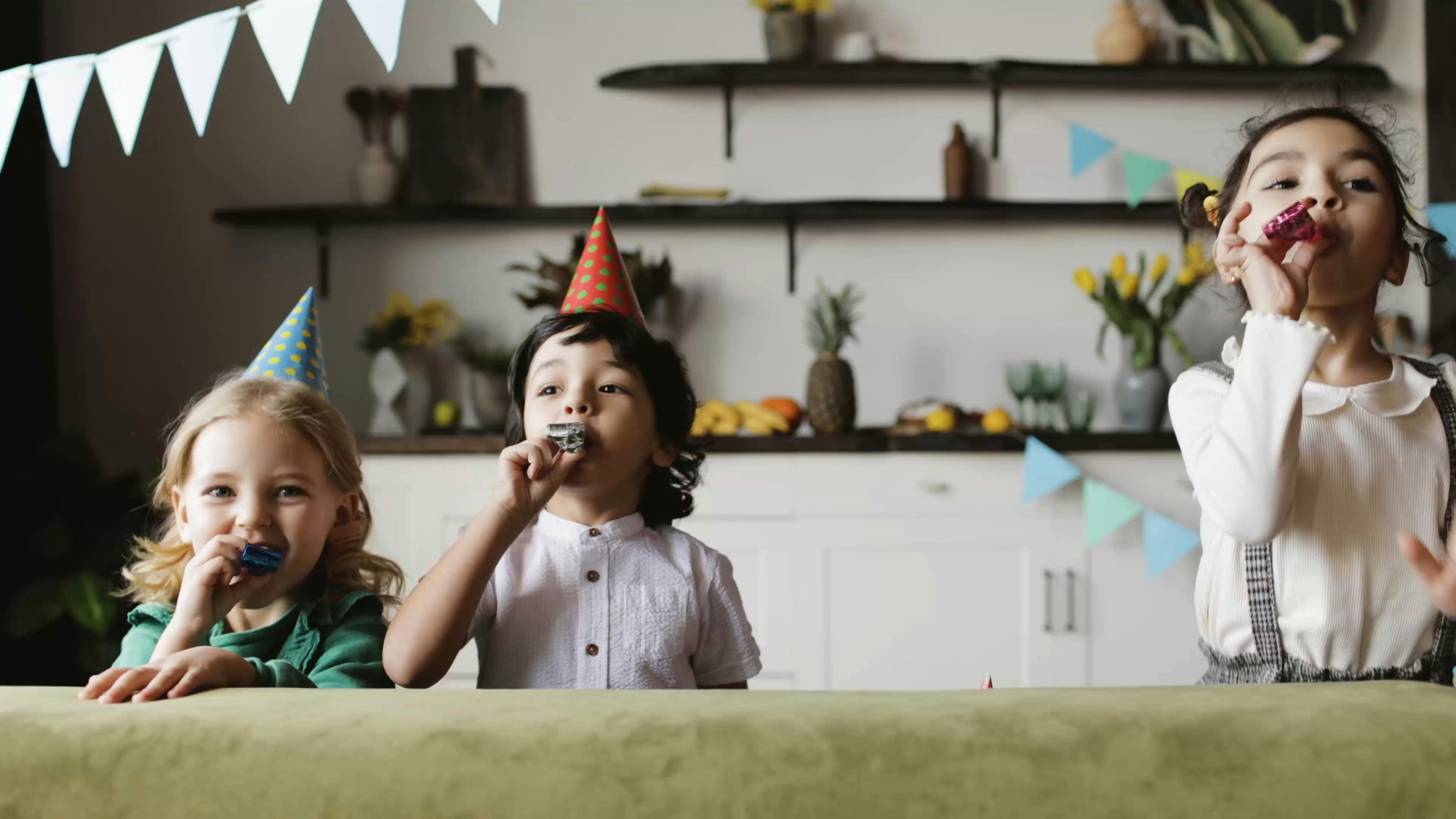 Children Wearing Party Hats and Using a Party Horn Hiding Under the ...