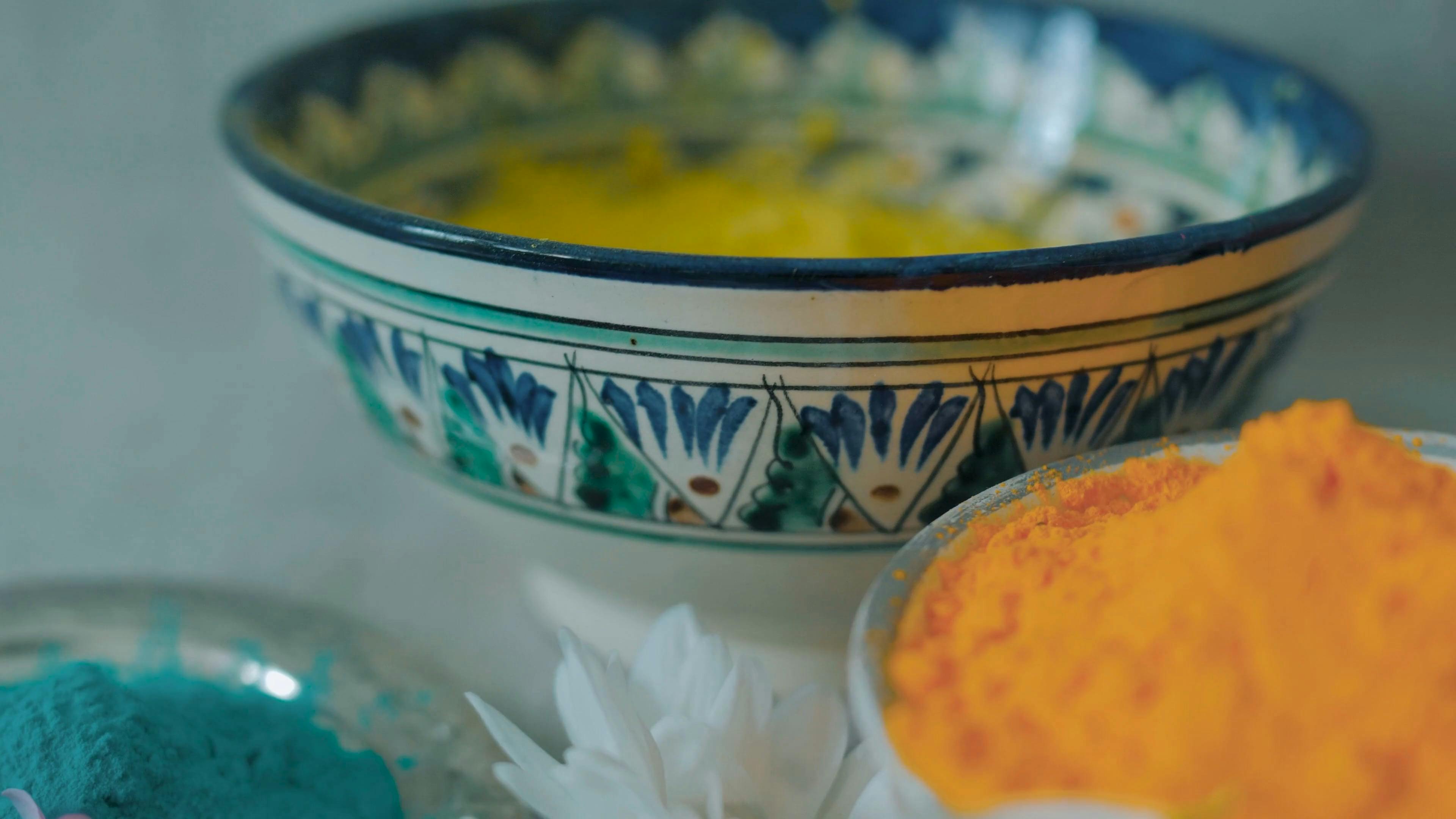 Close-Up View of Holi Powders in Bowls · Free Stock Video