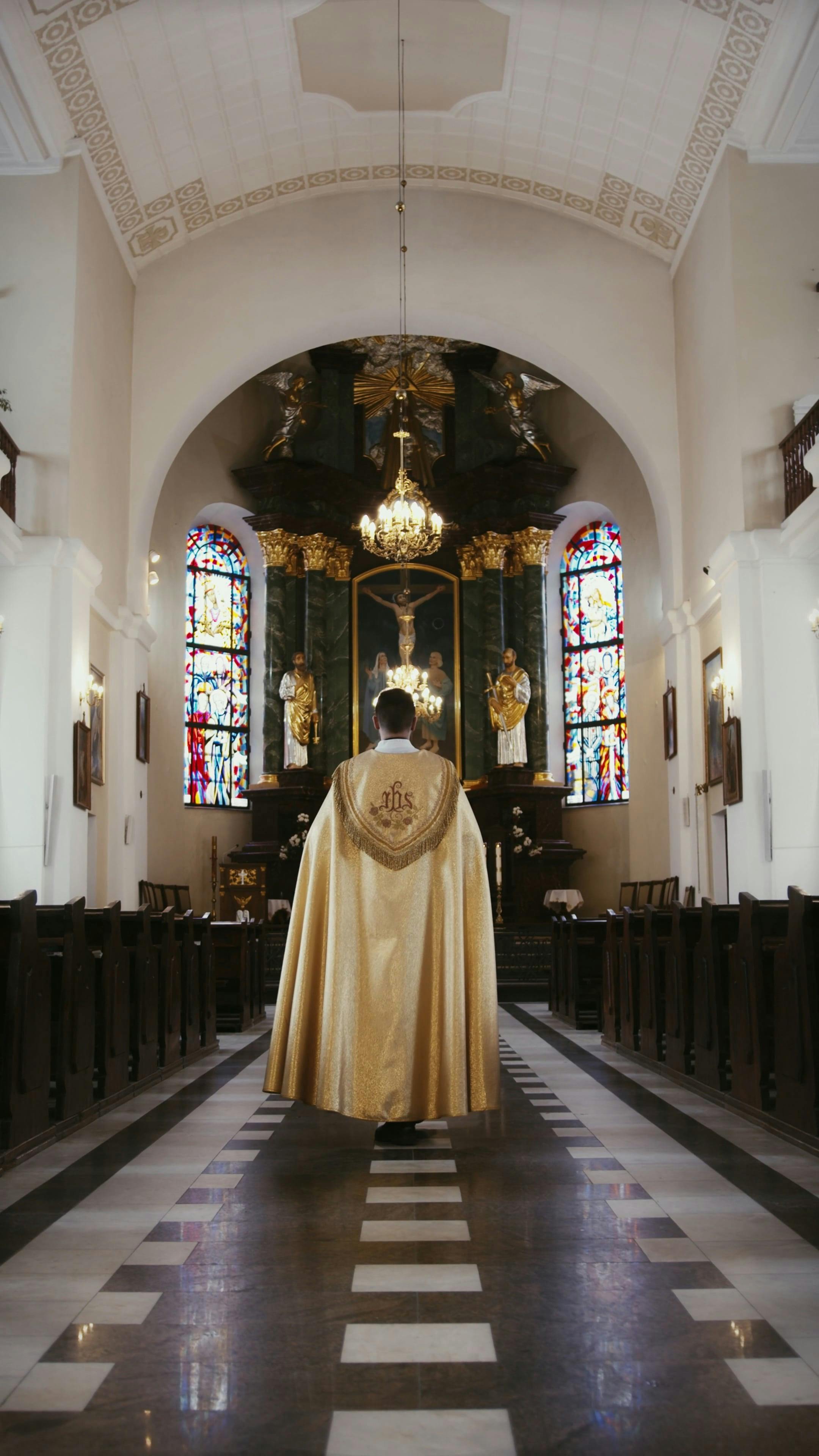 Priest Walking on Temple Aisle · Free Stock Video