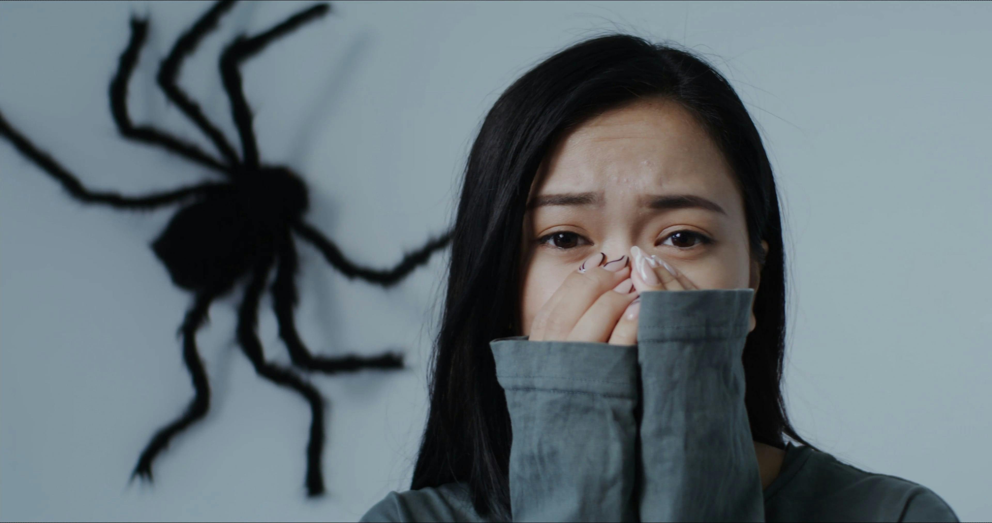 Scared Woman With Spider Behind Her · Free Stock Video