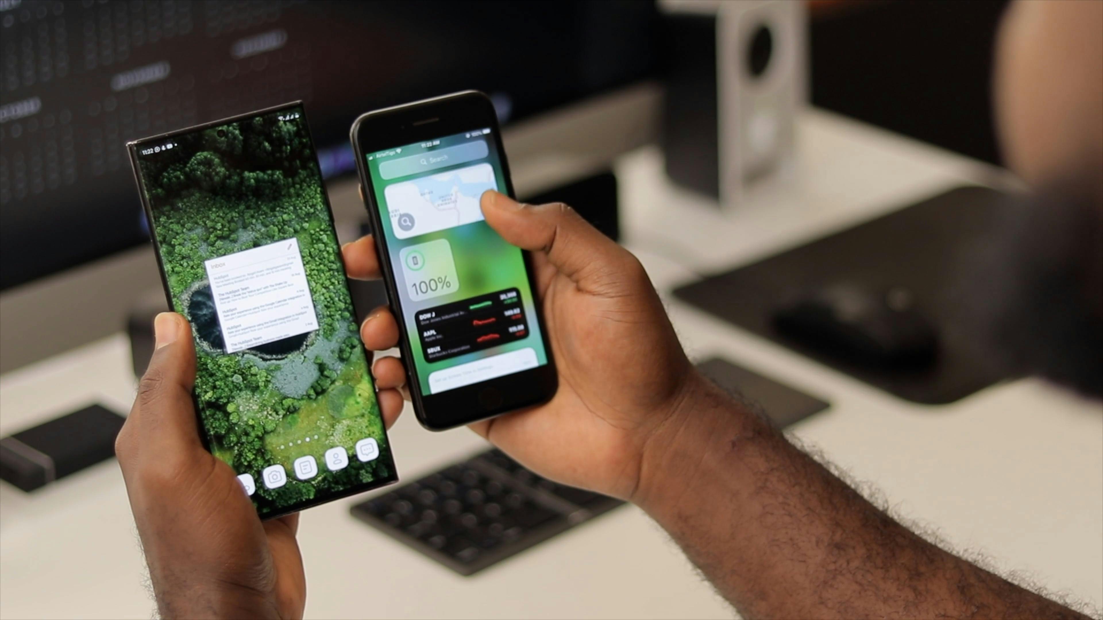 Close-Up of Hands of Man Using Two Phones Free Stock Video Footage ...
